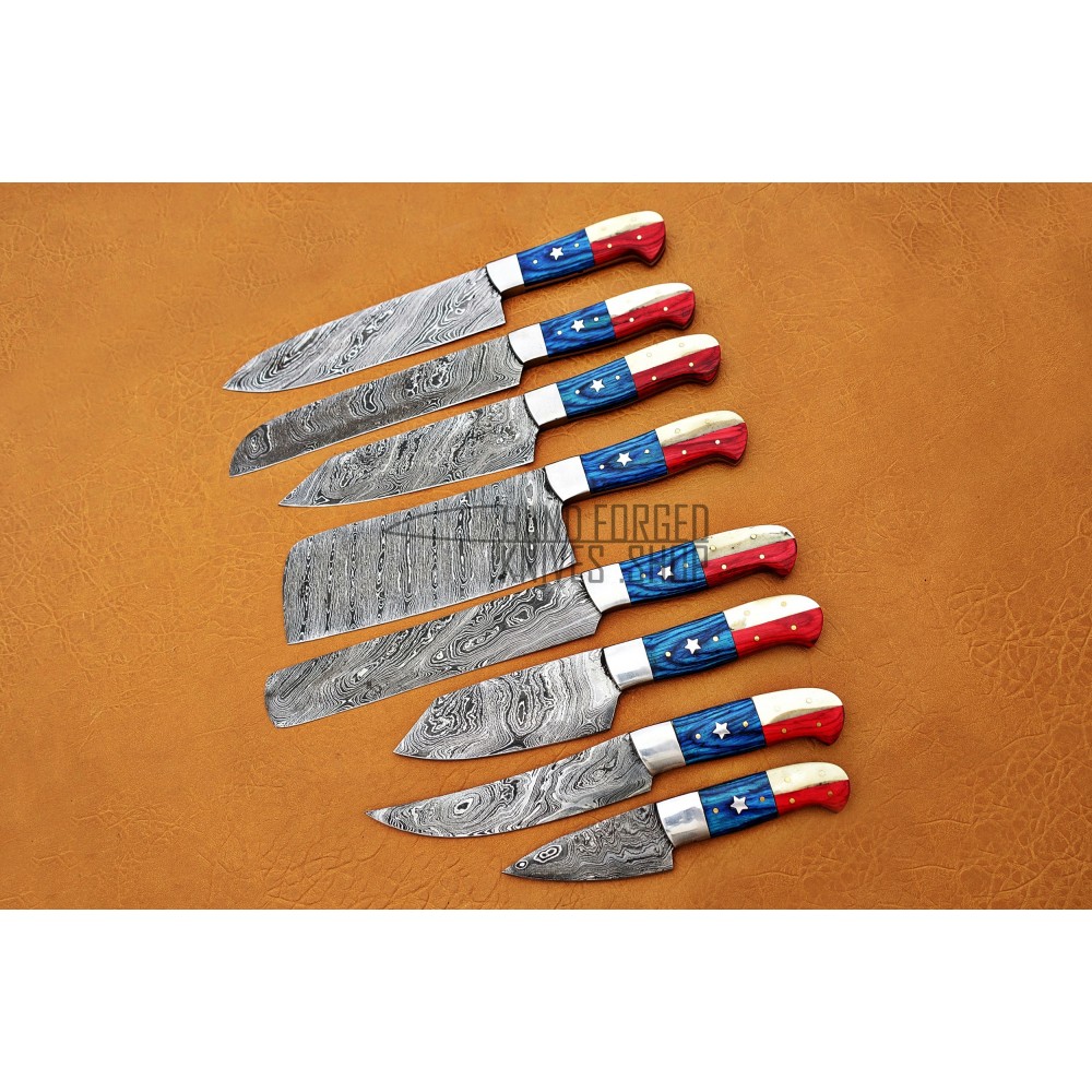 American Flag Custom Handmade Damascus Steel Fixed Blade Kitchen Chef ...